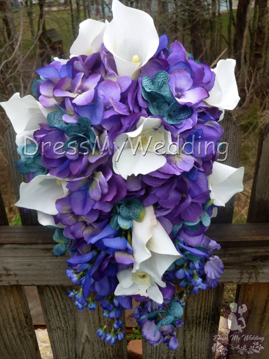 Dress My Wedding – Purple-blue hydrangea cascading bouquet with orchids ...