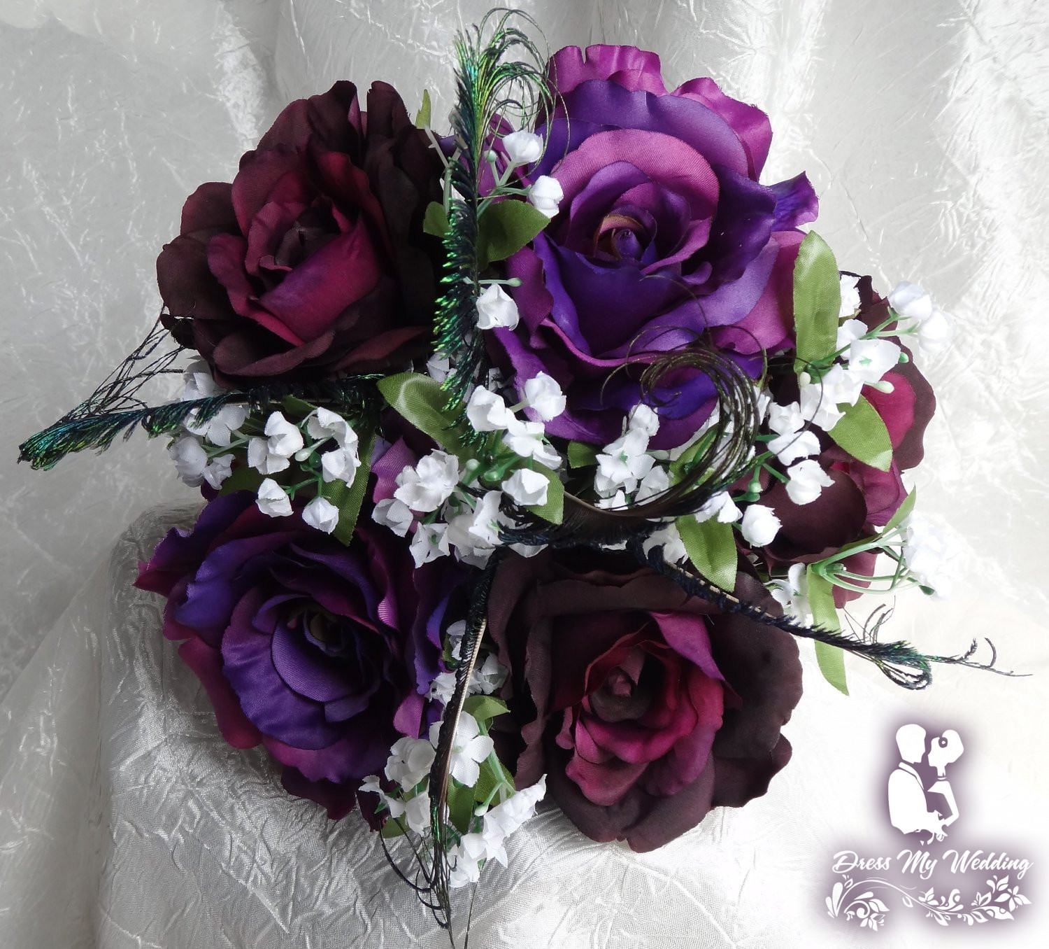 Dress My Wedding – Purple bridal bouquet with peacock accent, eggplant ...