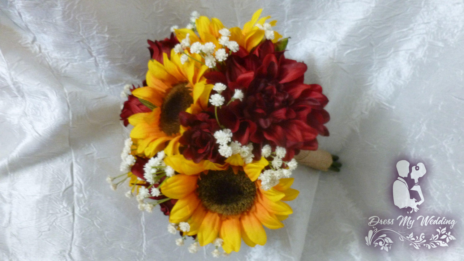 Dress My Wedding – Sunflower, deep red dahlia, baby's breath bridal ...