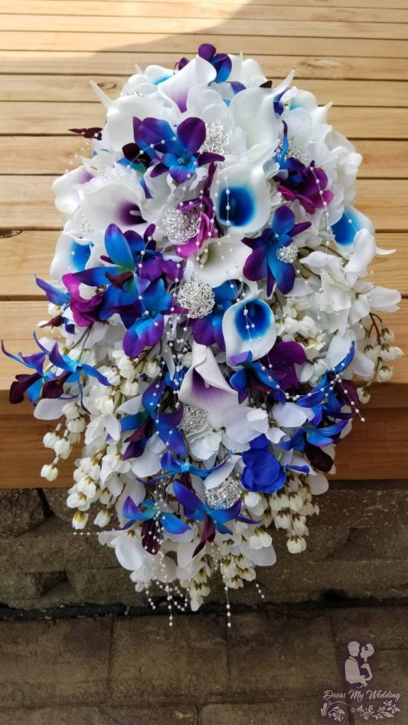 Dress My Wedding – Cascading white hydrangea bouquet with blue orchids