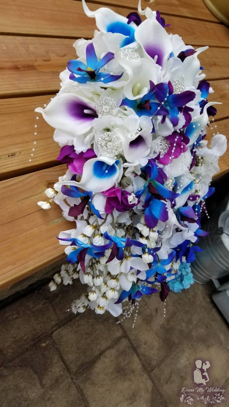 Dress My Wedding – Cascading white hydrangea bouquet with blue orchids