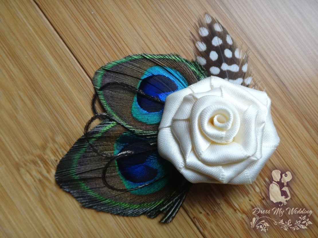 Dress My Wedding – Satin rose hair pieces with peacock feathers ...
