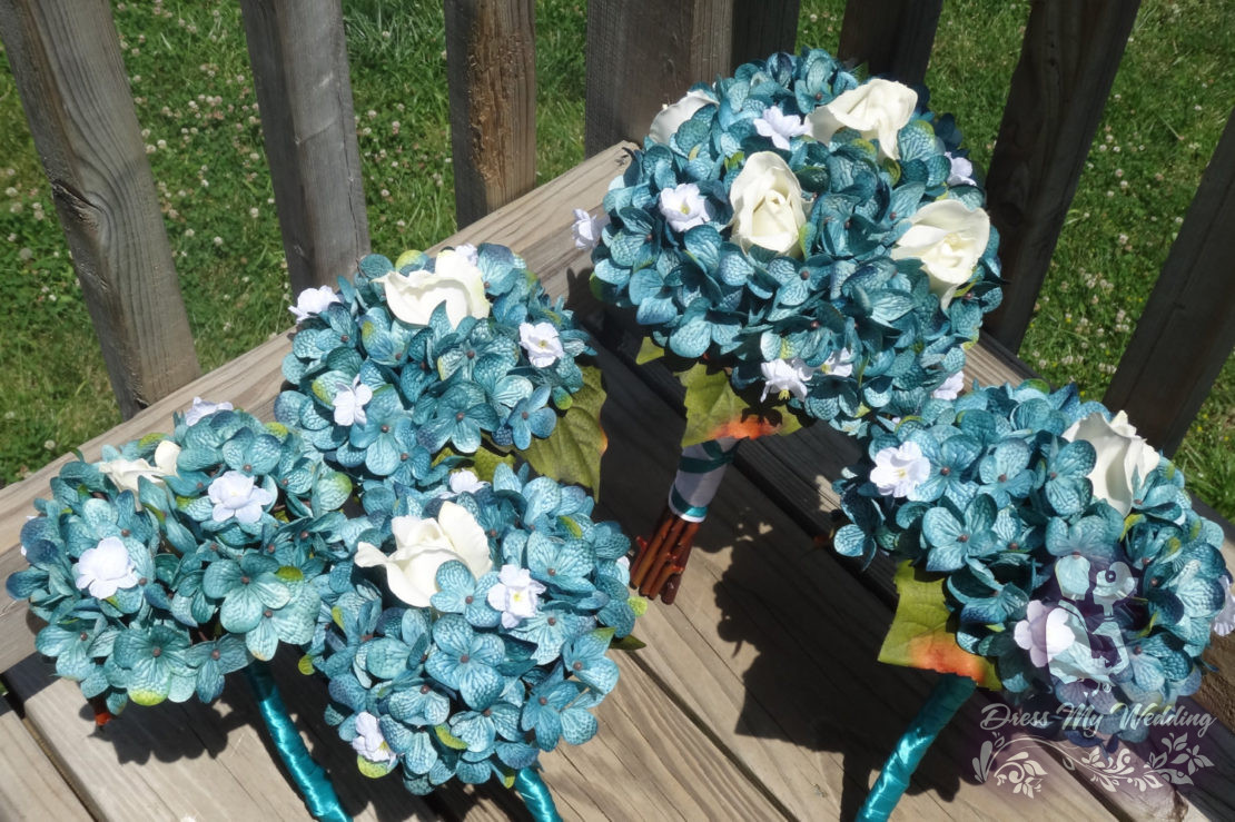 Dress My Wedding – Hydrangea bridal bouquet set, teal hydrangea and ...